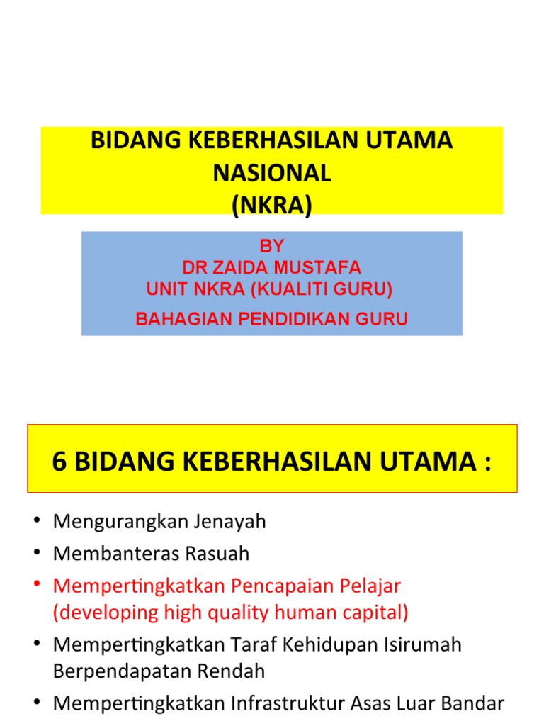 Bidang Keberhasilan Utama Nasional (NKRA) : BY DR Zaida Mustafa Unit ...