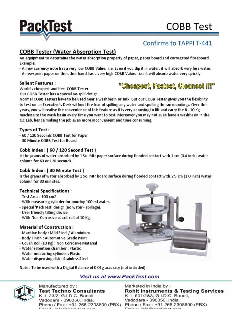 Cobb Tester for Water Absorption in Paper | PDF