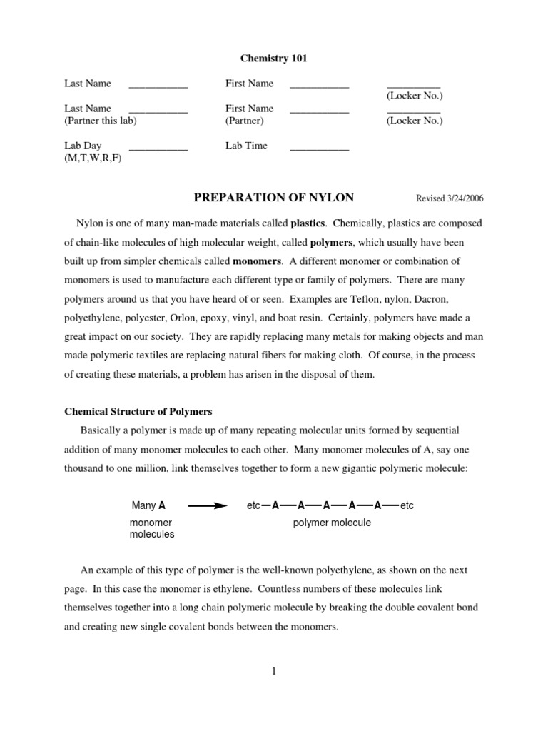 Formation of Nylon: An Exploration of Polymerization Reactions Through ...