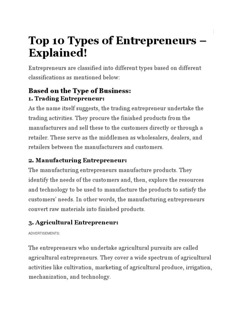 Top 10 Types of Entrepreneurs - Explained!: Based On The Type of ...