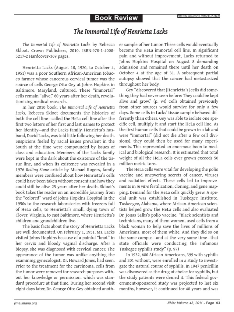The Immortal Life of Henrietta Lacks PDF | PDF | He La | Medicine