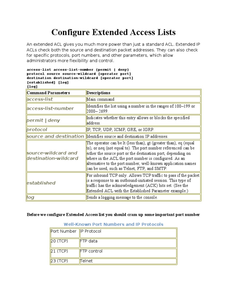 Configure Extended Access Lists Pdf Port Computer Networking