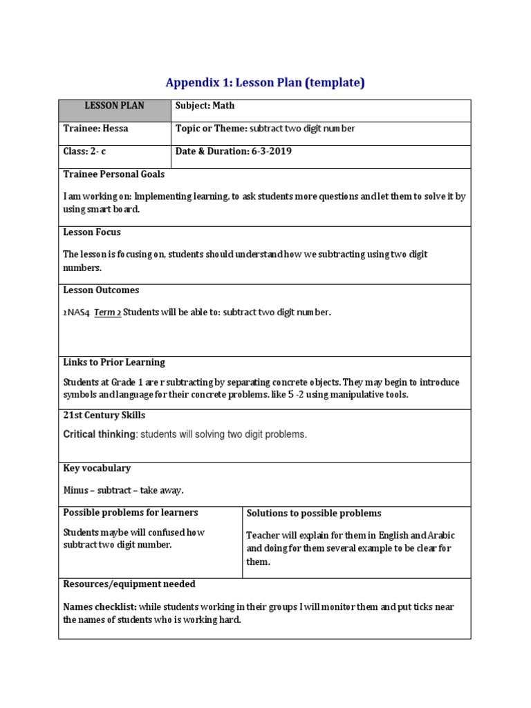 Lesson Plan Subtracting Two Digit Numbers | PDF | Lesson Plan ...