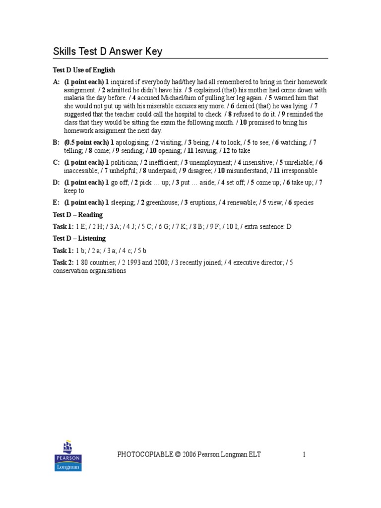 Skills Test D Answer Key | PDF