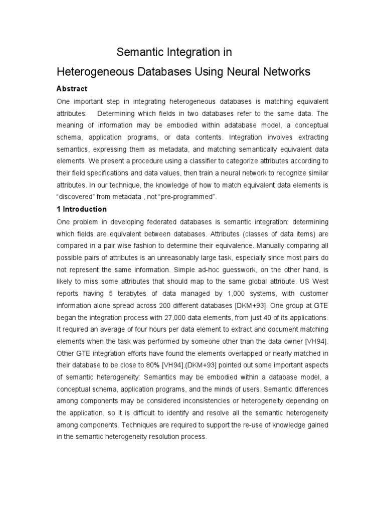 Semantic Integration In Heterogeneous Databases Using Neural Networks