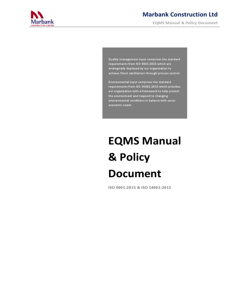 EQMS Manual: ISO 9001 & 14001 Compliance | PDF | Risk Management | Environmental Policy