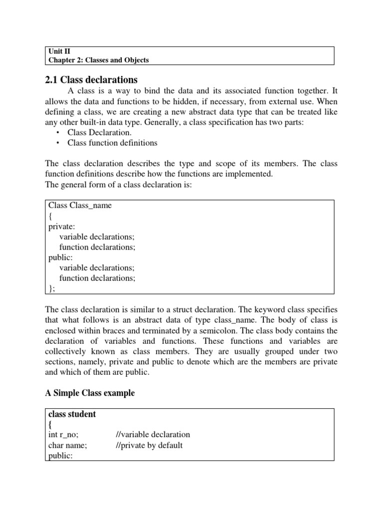 2.1 Class Declarations: Unit II Chapter 2: Classes and Objects | PDF ...