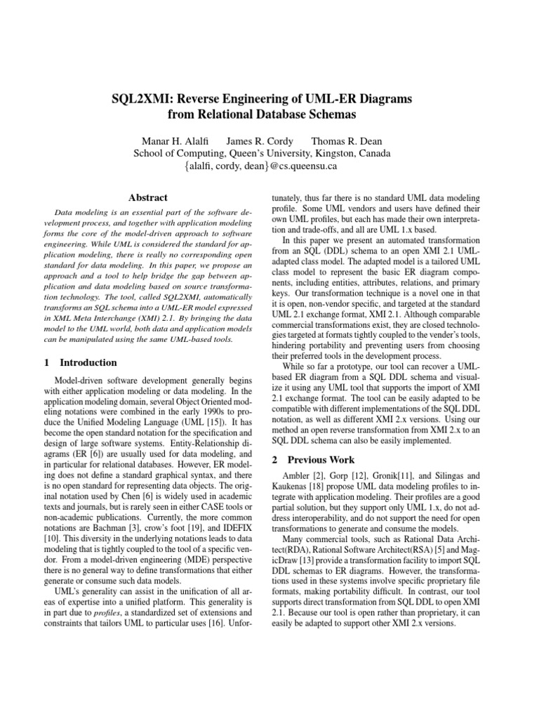 SQL2XMI: Reverse Engineering of UML-ER Diagrams From Relational Database Schemas | PDF | Unified ...
