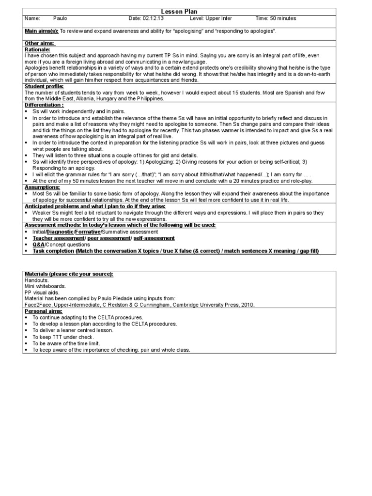 CELTA TP Lesson Plan 9 | PDF | Sentence (Linguistics) | Phrase