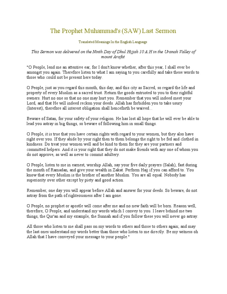 The Prophet Muhammad Last Sermon | PDF