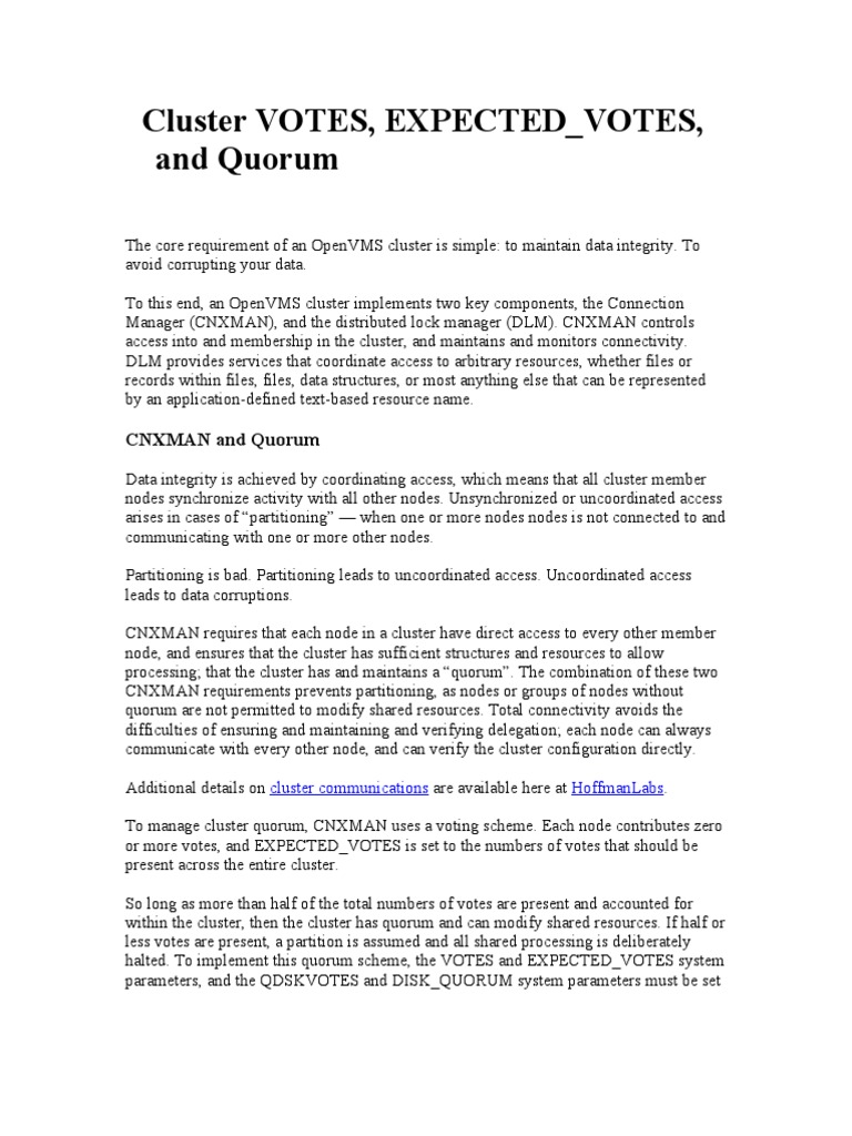 OpenVMS Cluster, Votes, Expected Votes | PDF | Computer Cluster ...