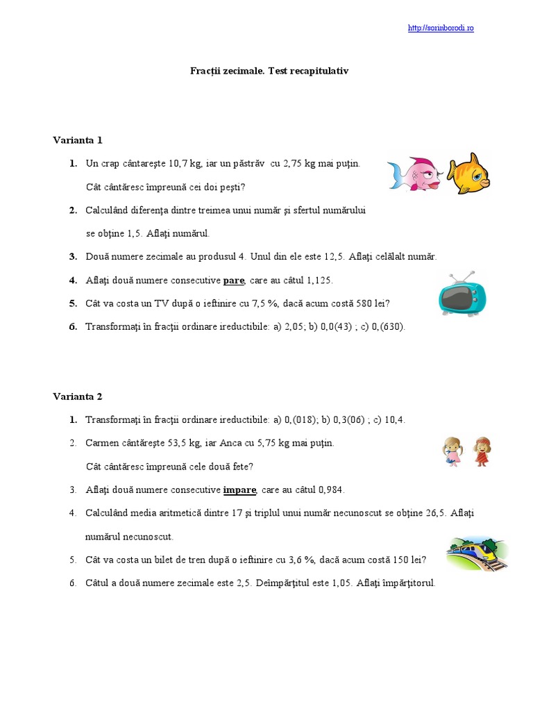 Mate - Info.Ro.2481 Fractii Zecimale. Test Recapitulativ PDF | PDF