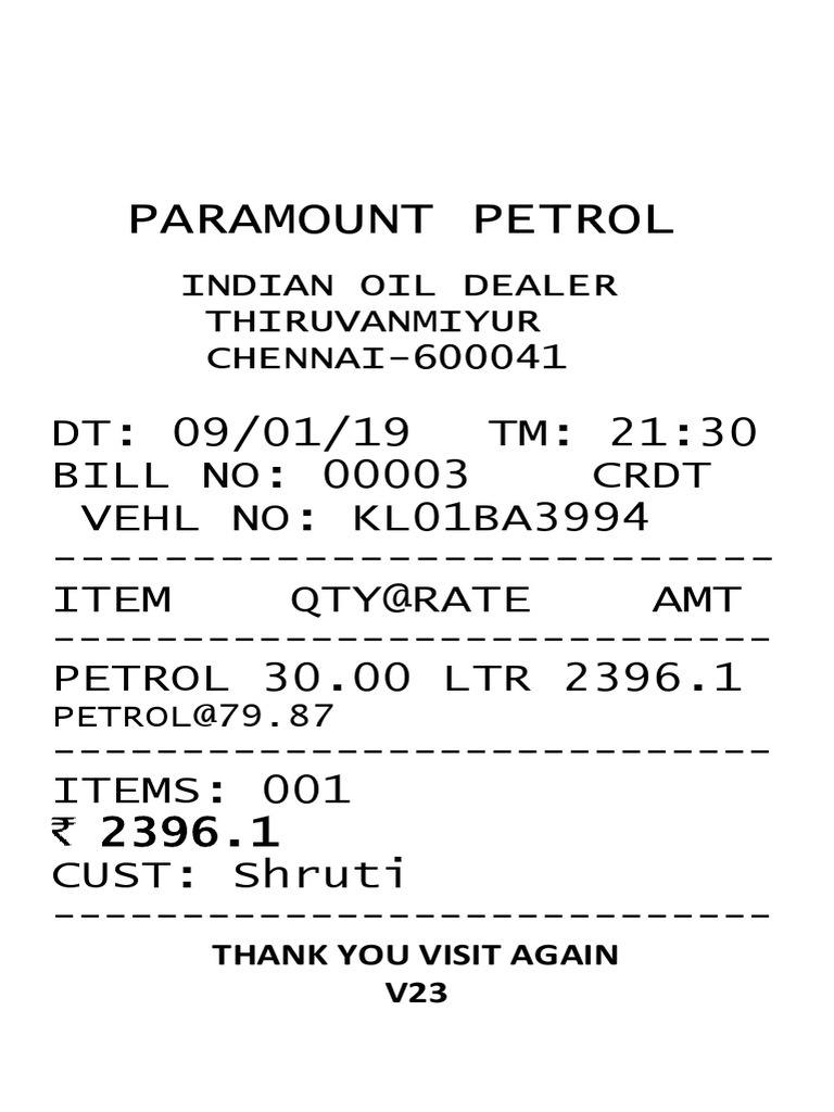 Paramount Petrol Indian Oil Dealer Chennai bill | PDF