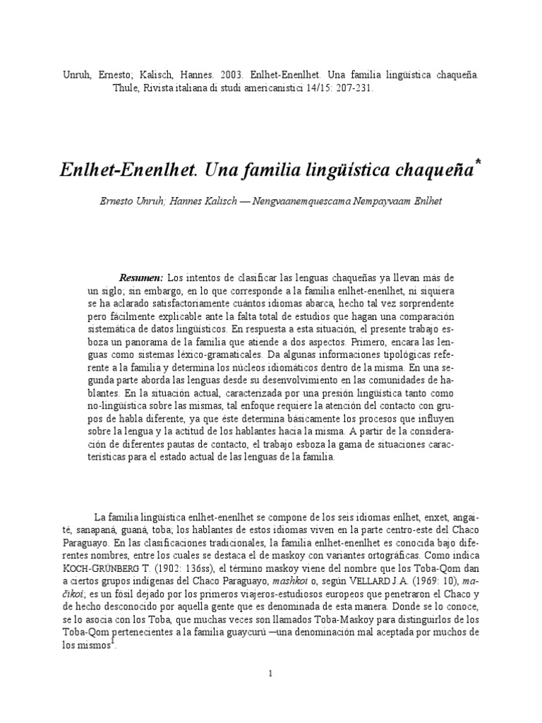 Lenguas Chaqueñas: Enlhet-Enenlhet | PDF | Nación | Lingüística