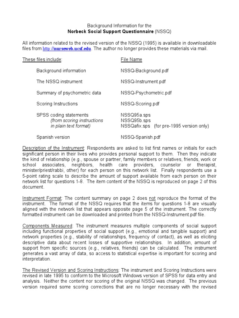 Norbeck Social Support Questionnaire (NSSQ) : (From Scoring ...