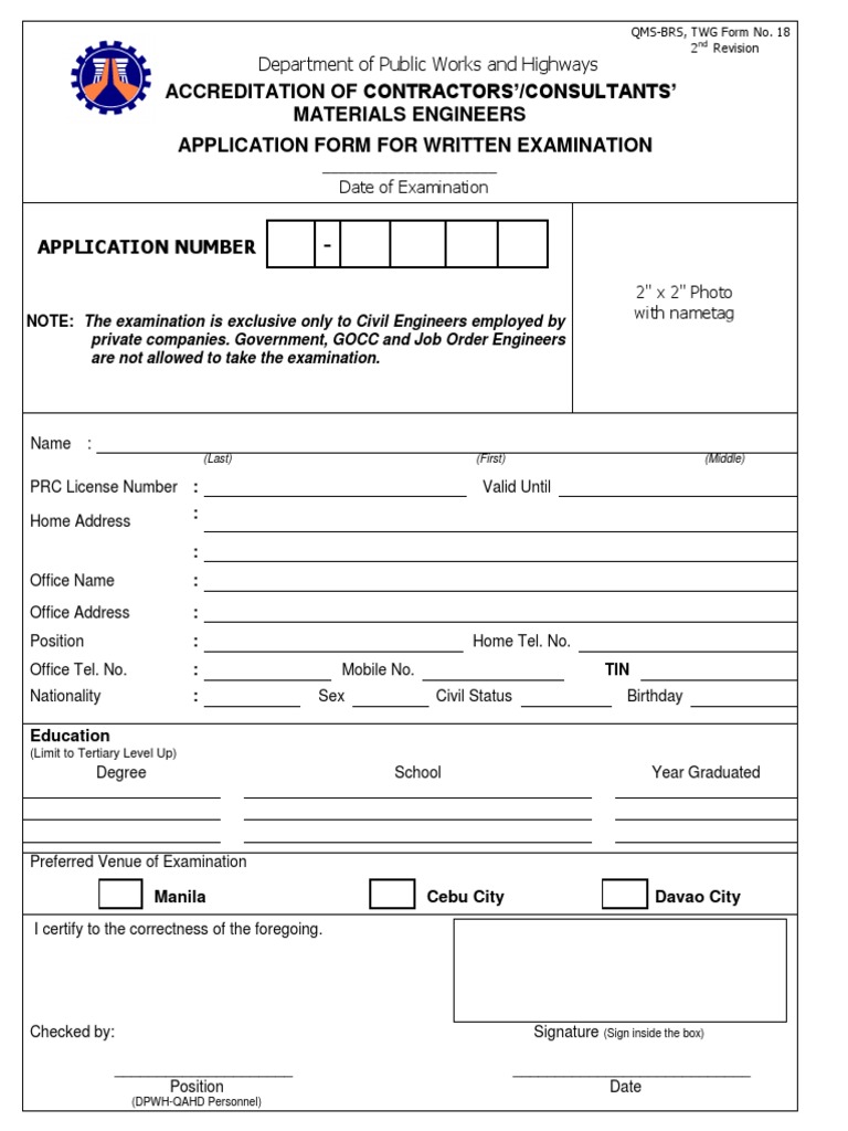 2nd Revision Application Form for Accreditation Exam of Contractors ...
