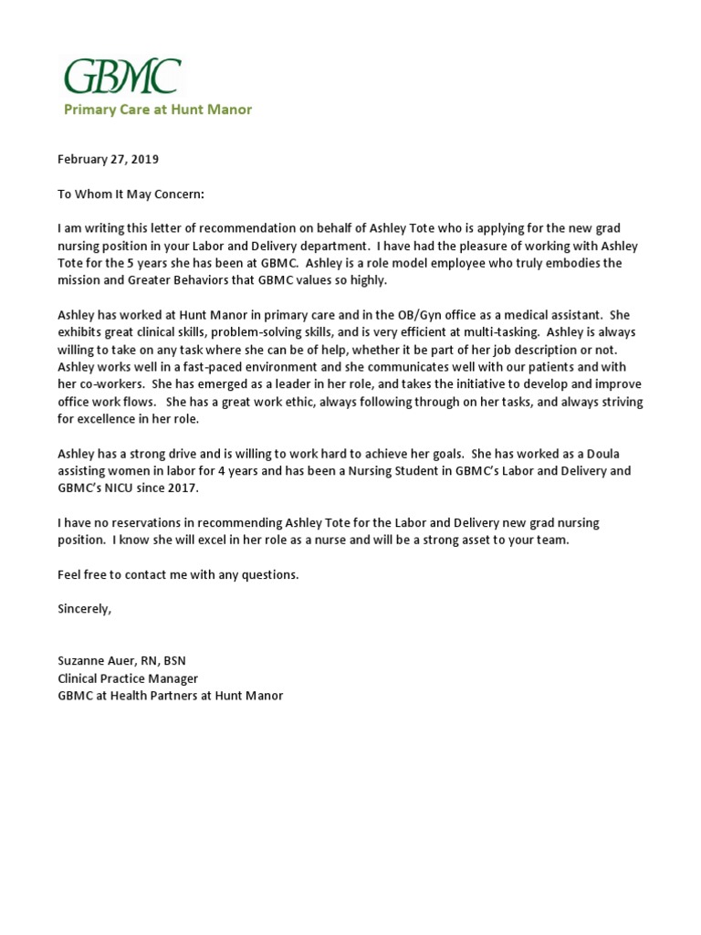 Ashley Tote Letter of Rec For Nursing | PDF