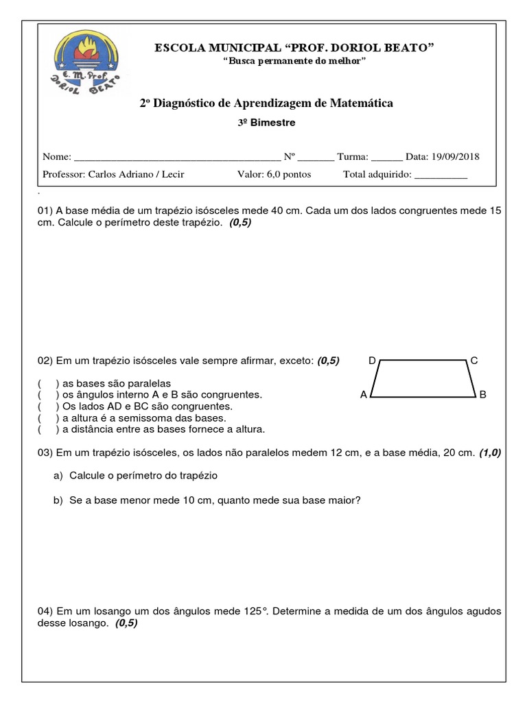 2º Chamada - 8º Ano - 3º Bimestre | Pdf | Matemática Elementar | Formas 