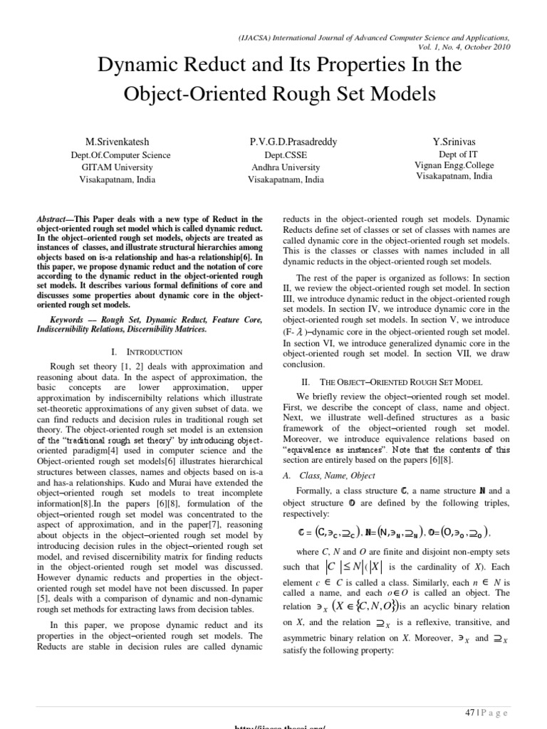 Dynamic Reducts And Its Properties In The Object Oriented Rough Set Models Pdf Object