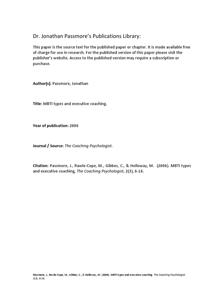 MBTI Types and Executive Coaching 2006 | PDF | Extraversion And ...