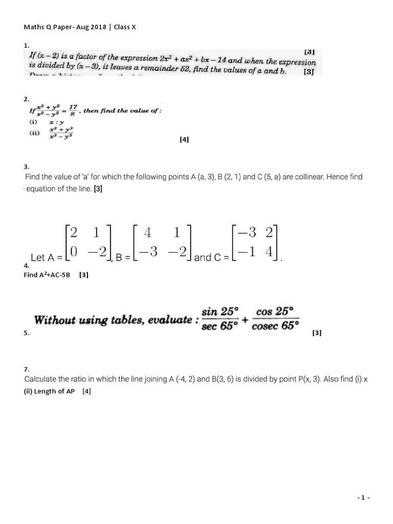 Maths Q Paper- Aug 2018 | Class X | PDF