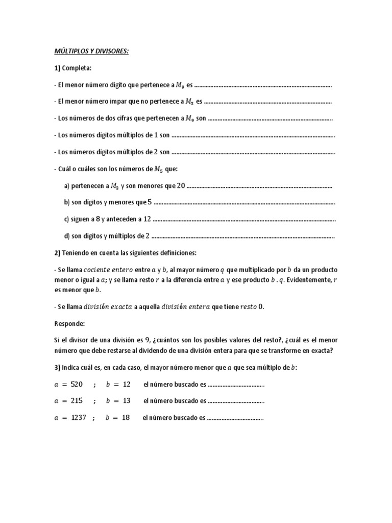 2-Múltiplos y Divisores | PDF | División (Matemáticas) | Matemática ...
