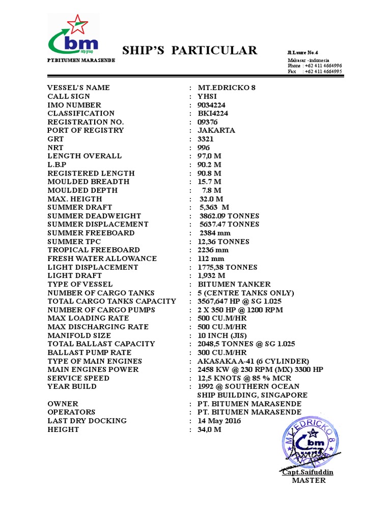 Ship's Particular E8 | PDF