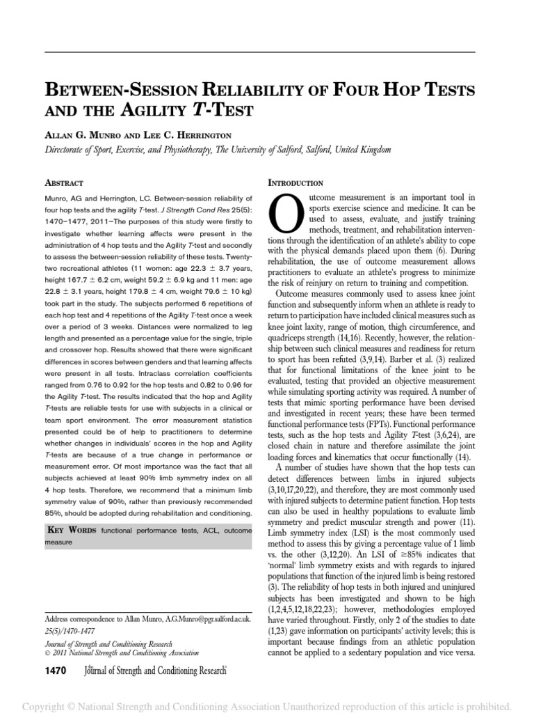 Between-Session Reliability of Four Hop Tests and The Agility T-Test ...