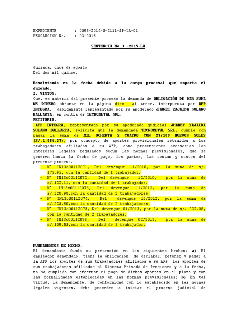 Modelo Sentencia Laboral | PDF | Demanda judicial | Ley procesal