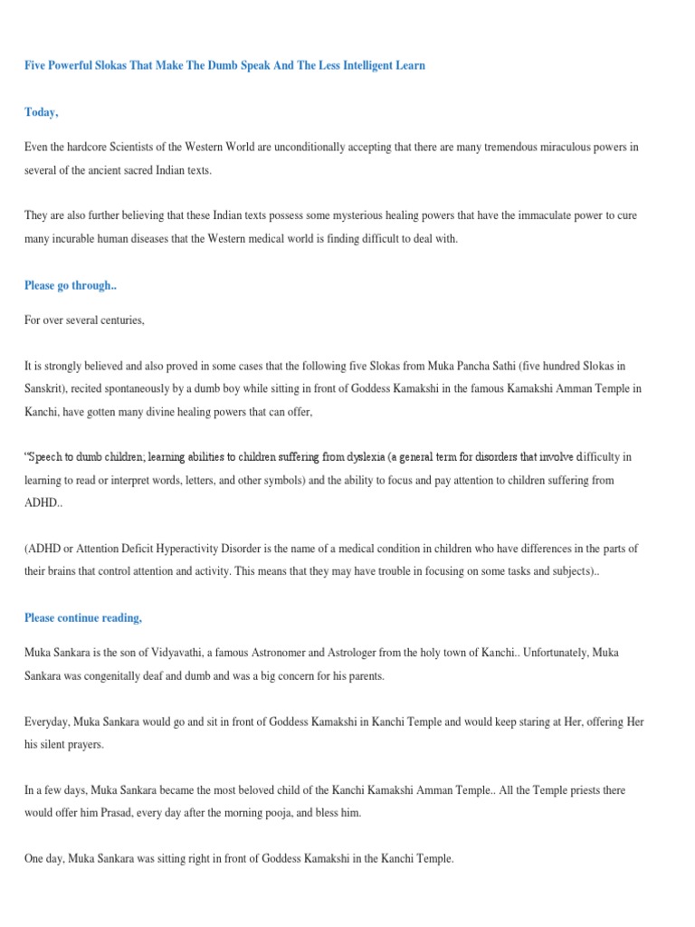 Mooka Pancha Sathi: Healing Slokas Explained | PDF | Attention Deficit ...