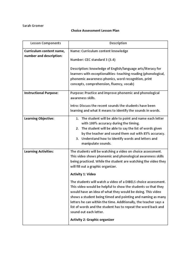 Choice Assessment Lesson Plan | PDF | Phonics | Human Communication
