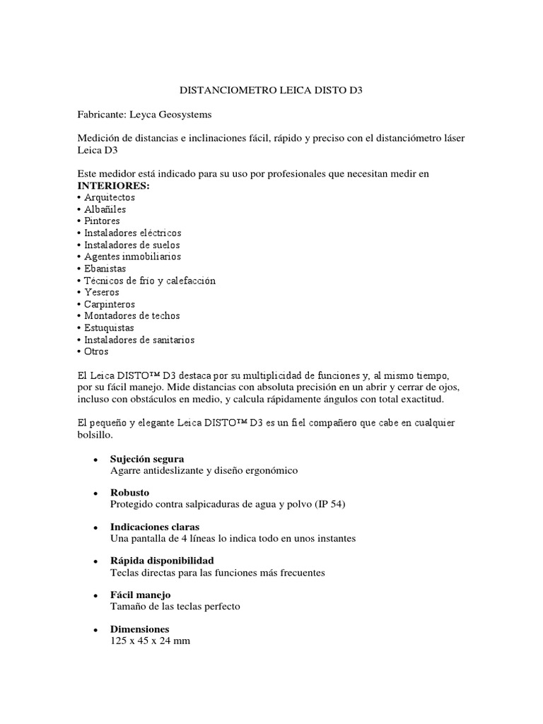Distanciometro Leica Disto D3 | PDF | Medición | Sensor
