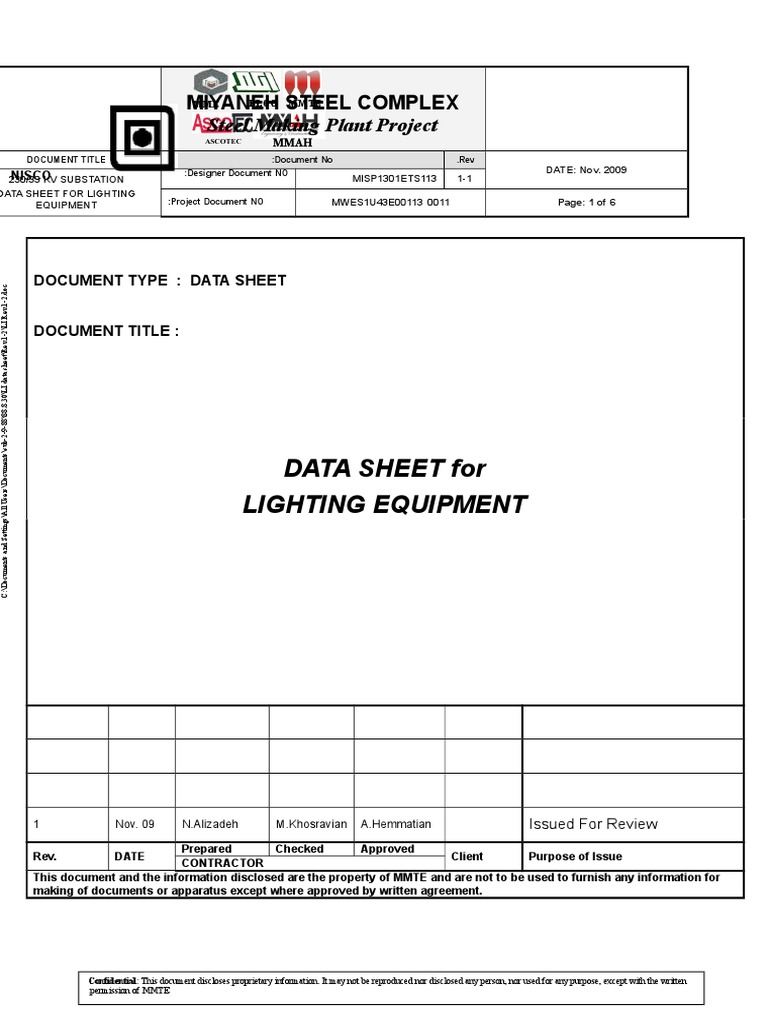 Data Sheet For Lighting Equipment: Miyaneh Steel Complex | PDF ...