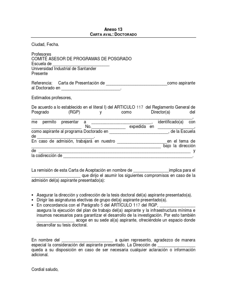 Carta Aval Doctorado - Actualizada | PDF | Doctorado