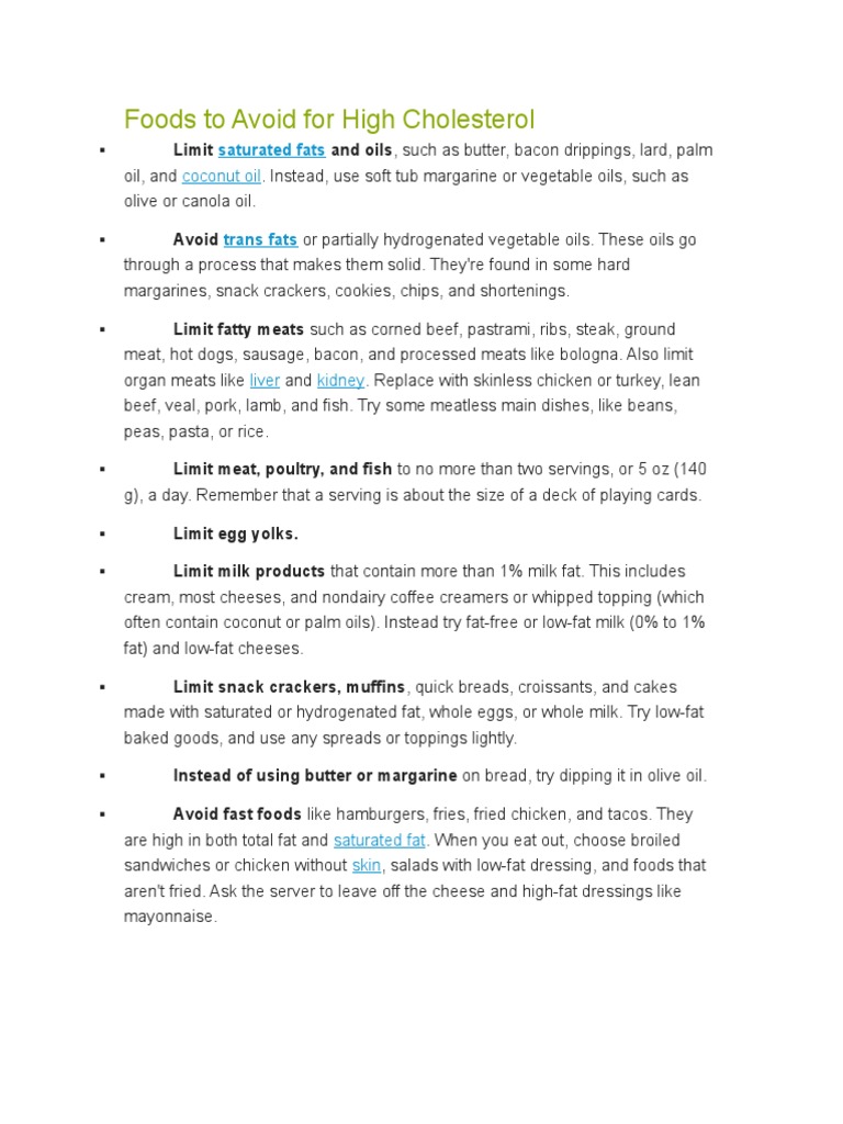 Foods To Avoid For High Cholesterol | PDF