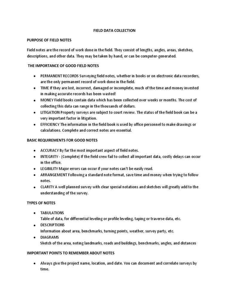 Field Data Collection Purpose of Field Notes | PDF | Surveying ...