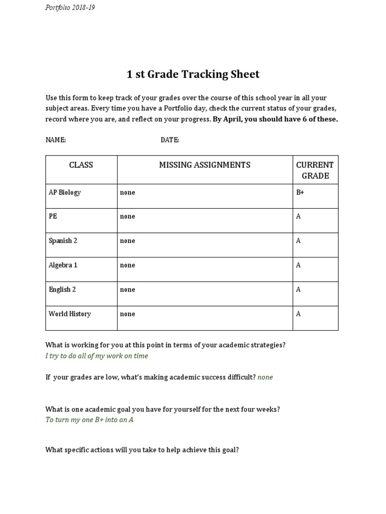1 ST Grade Tracking Sheet: Class Missing Assignments Current Grade | PDF