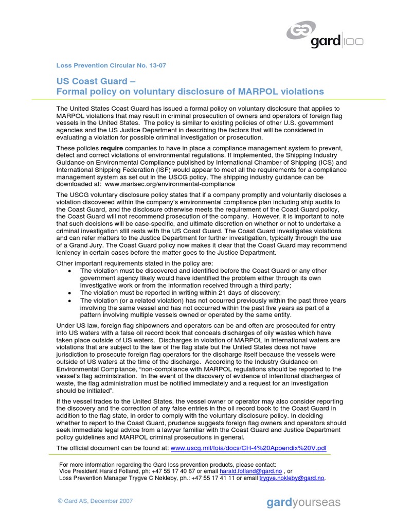 USCG MARPOL Violation Disclosure Policy | PDF | Coast Guard | Prosecutor