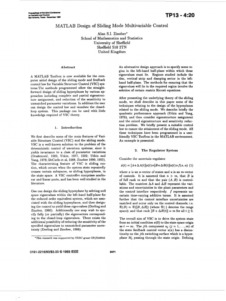 Sliding Mode MATLAB Toolbox Designs Multivariable Control Systems | PDF ...