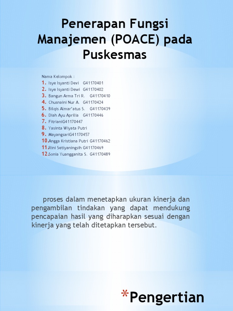 Penerapan Fungsi Manajemen (POACE) Pada Puskesmas | PDF
