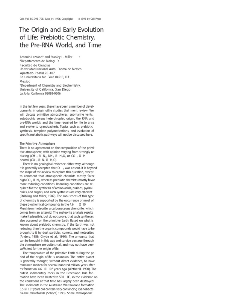 The Origin and Early Evolution of Life: Prebiotic Chemistry, The Pre ...