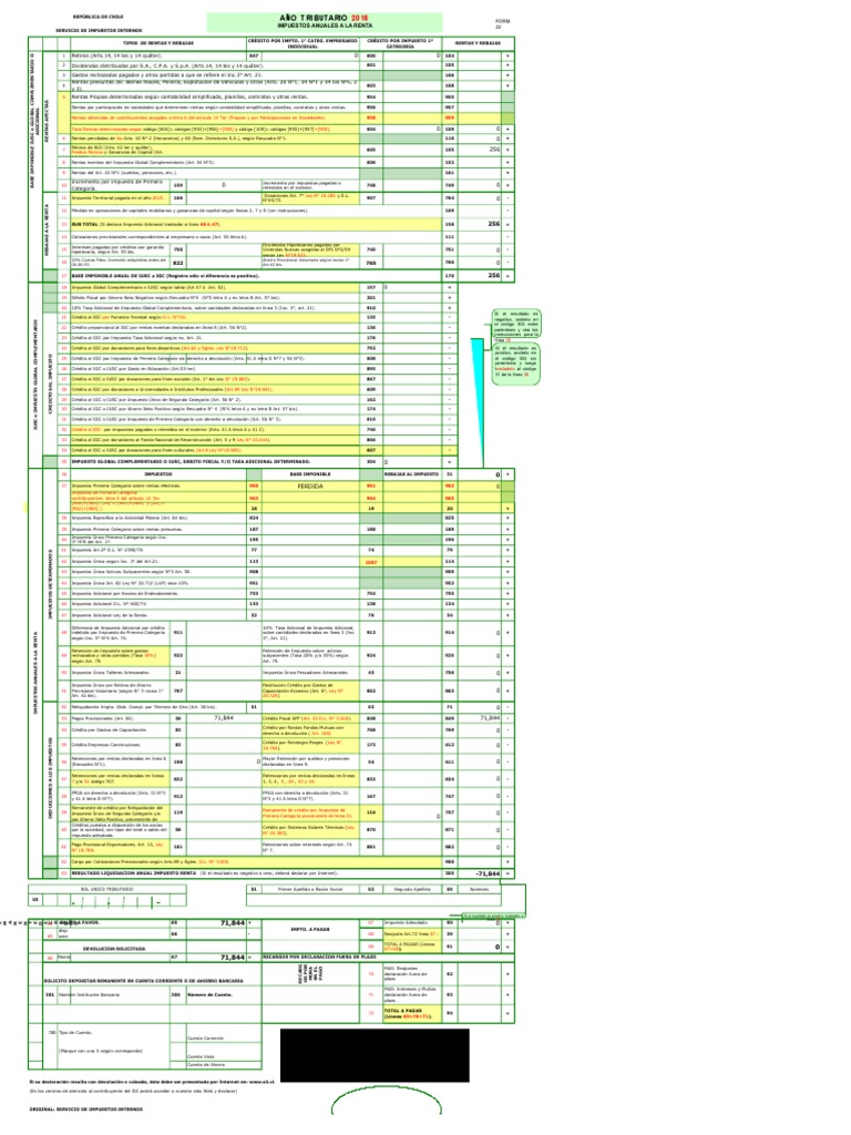 FORM. 22 A.T. 2016 Con Formulas | PDF | Impuestos | Dinero