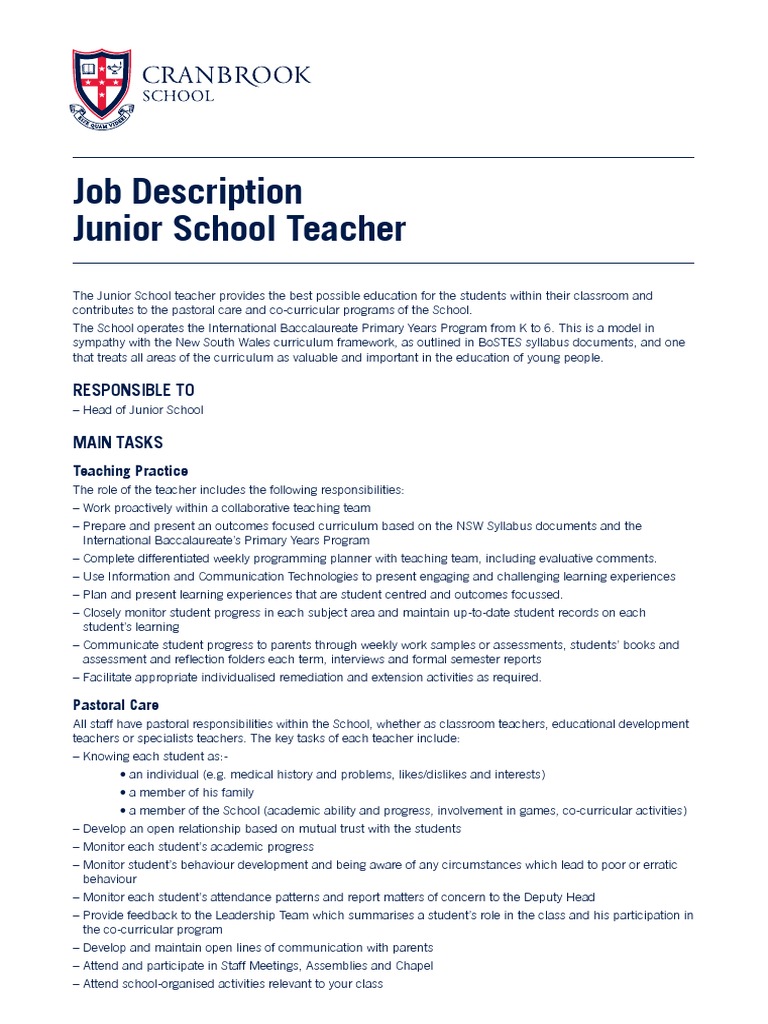 Job Description Junior School Teacher: Responsible To Main Tasks ...