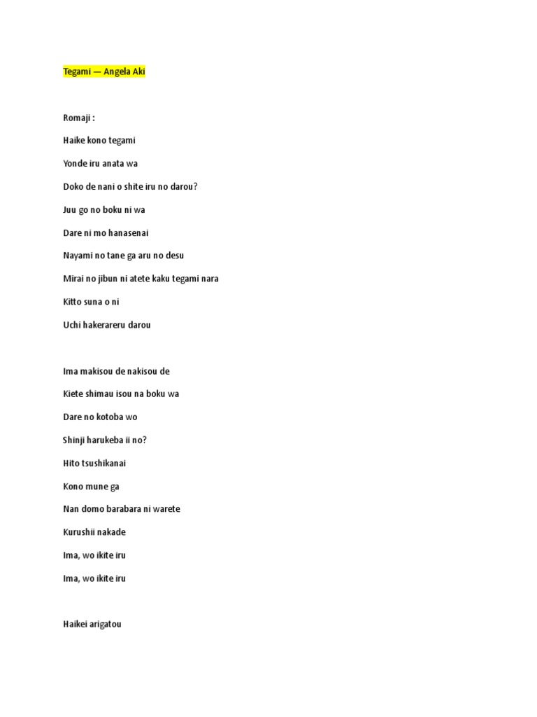 Tegami - Angela Aki | PDF