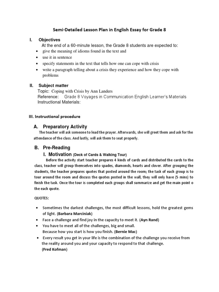 Semi-Detailed Lesson Plan in English Essay For Grade 8: I. Objectives ...