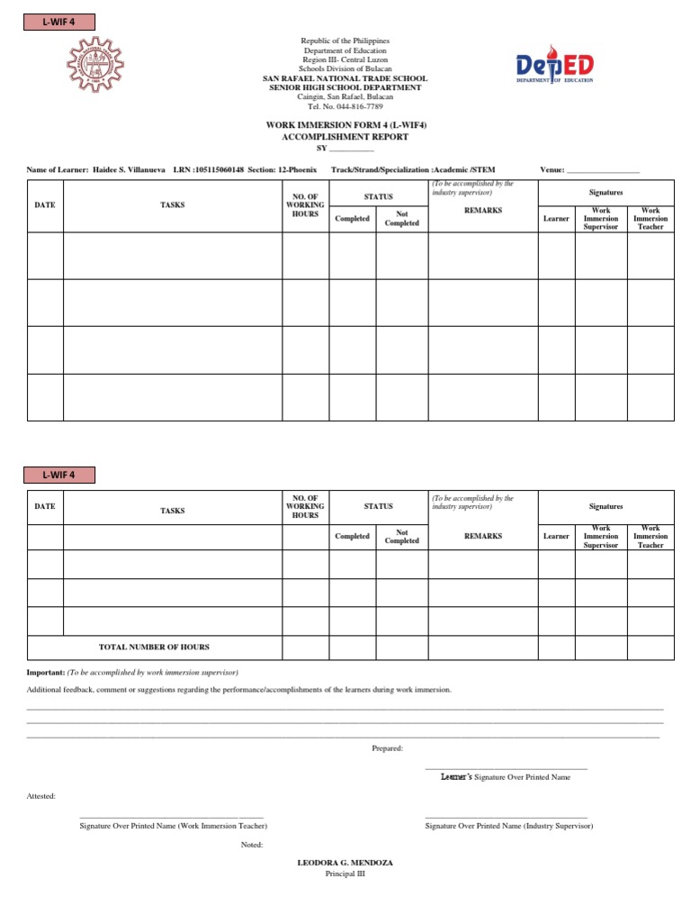 Work Immersion Form 4 (L-Wif4) Accomplishment Report | PDF | Learning ...