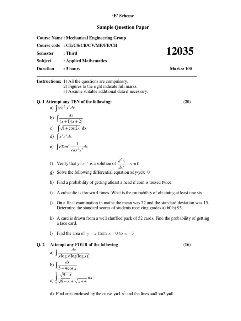 Sample Question Paper - Applied Mathematics-12035 | PDF | Equations ...