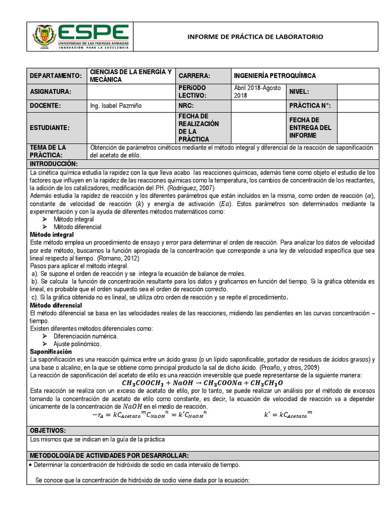 Formato De Informe De Laboratorio Docx Cinética Química Reacciones