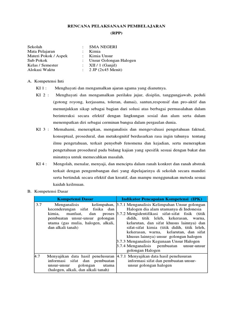 Rencana Pelaksanaan Pembelajaran (RPP) Kimia Unsur | PDF | Karier ...