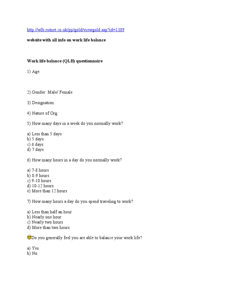 Work-life balance questionnaire analyzed | PDF | Work–Life Balance ...